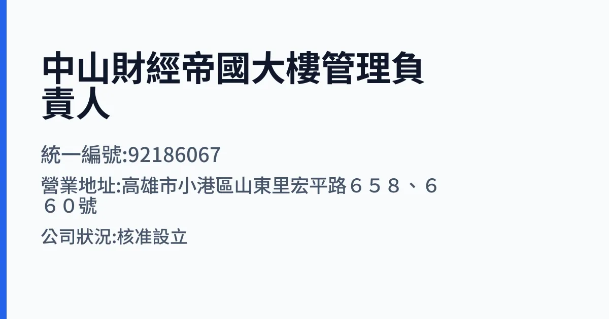 中山財經帝國大樓管理負責人 - 統編 92186067(高雄市) 公司登記資料與營業項目詳細圖表