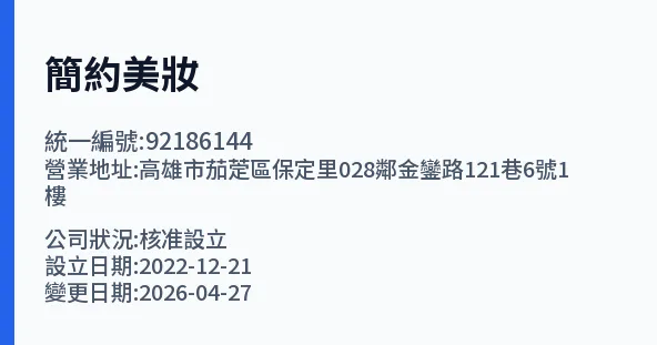 簡約美妝的照片-統編 92186144(高雄市) 公司登記資料與營業項目詳細圖表