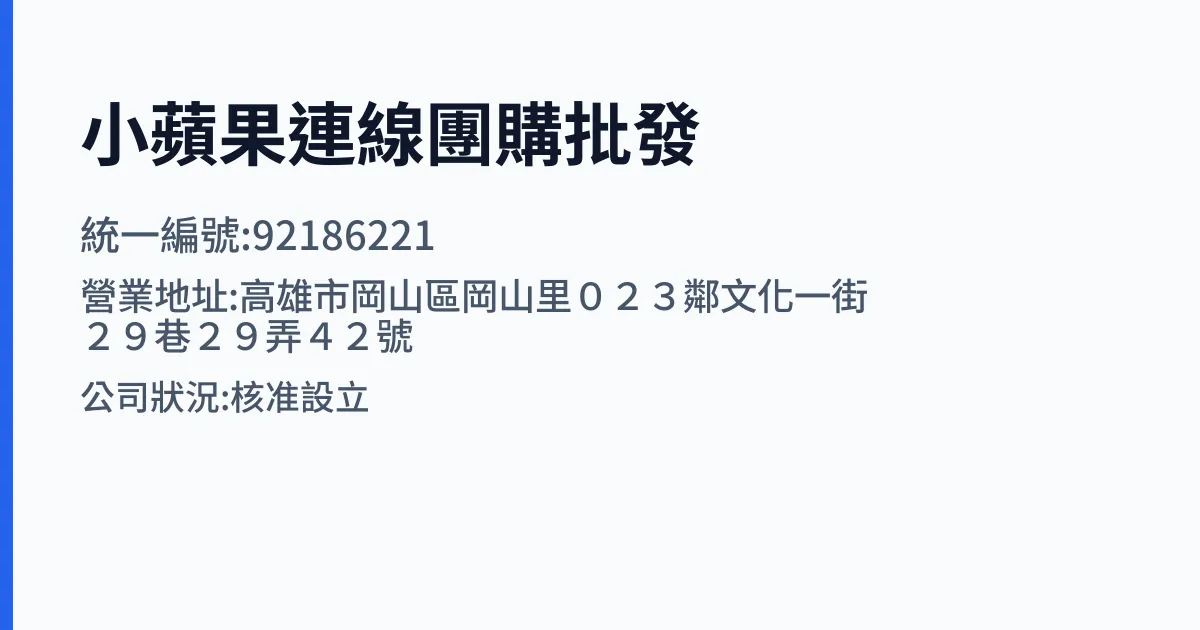 小蘋果連線團購批發 - 統編 92186221(高雄市) 公司登記資料與營業項目詳細圖表