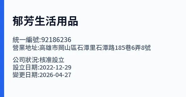 郁芳生活用品的照片-統編 92186236(高雄市) 公司登記資料與營業項目詳細圖表