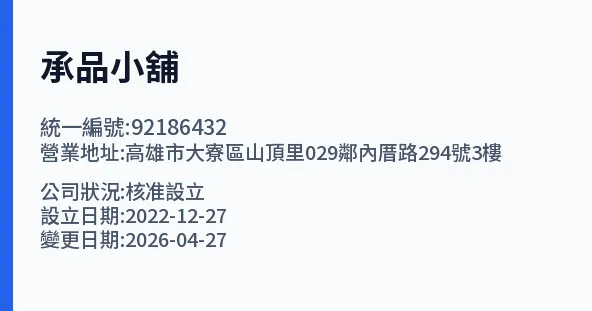 承品小舖的照片-統編 92186432(高雄市) 公司登記資料與營業項目詳細圖表