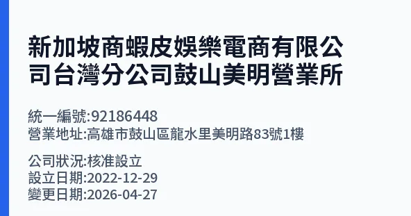 新加坡商蝦皮娛樂電商有限公司台灣分公司鼓山美明營業所的照片-統編 92186448(高雄市) 公司登記資料與營業項目詳細圖表