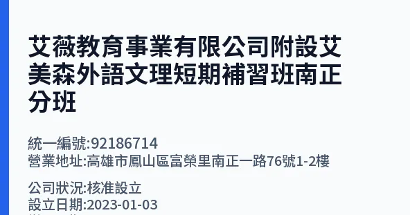 艾薇教育事業有限公司附設艾美森外語文理短期補習班南正分班的照片-統編 92186714(高雄市) 公司登記資料與營業項目詳細圖表