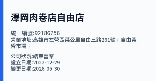澤岡肉卷店自由店的照片-統編 92186756(高雄市) 公司登記資料與營業項目詳細圖表