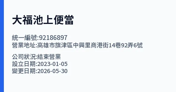 大福池上便當的照片-統編 92186897(高雄市) 公司登記資料與營業項目詳細圖表