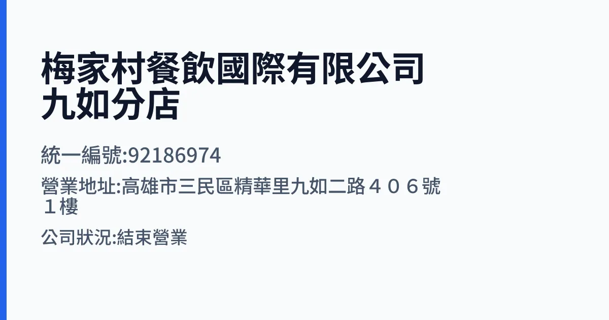 梅家村餐飲國際有限公司九如分店 - 統編 92186974(高雄市) 公司登記資料與營業項目詳細圖表