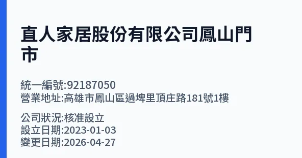 直人家居股份有限公司鳳山門市的照片-統編 92187050(高雄市) 公司登記資料與營業項目詳細圖表
