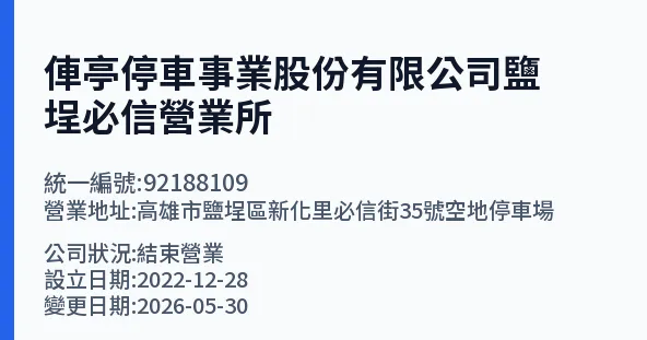 俥亭停車事業股份有限公司鹽埕必信營業所的照片-統編 92188109(高雄市) 公司登記資料與營業項目詳細圖表