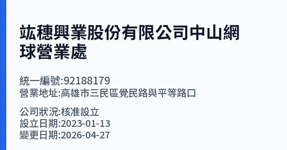 竑穗興業股份有限公司中山網球營業處的照片-統編 92188179(高雄市) 公司登記資料與營業項目詳細圖表