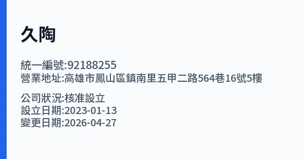 久陶的照片-統編 92188255(高雄市) 公司登記資料與營業項目詳細圖表