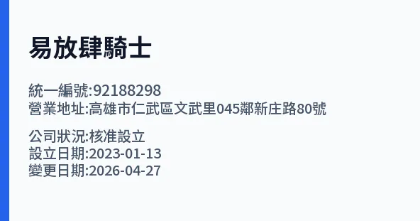 易放肆騎士的照片-統編 92188298(高雄市) 公司登記資料與營業項目詳細圖表