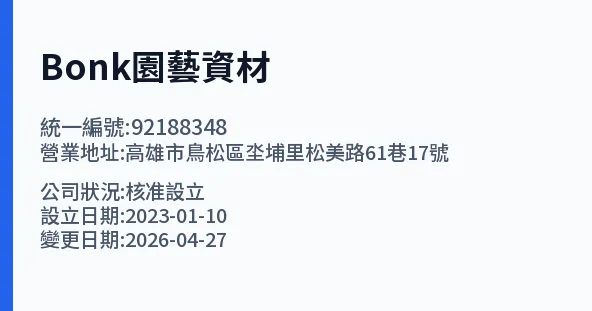 Bonk園藝資材的照片-統編 92188348(高雄市) 公司登記資料與營業項目詳細圖表