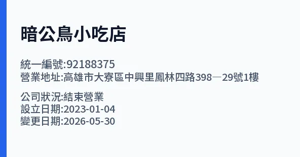 暗公鳥小吃店的照片-統編 92188375(高雄市) 公司登記資料與營業項目詳細圖表