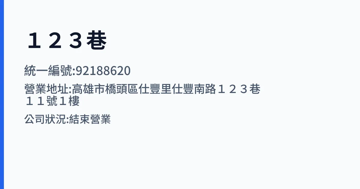 １２３巷 - 統編 92188620(高雄市) 公司登記資料與營業項目詳細圖表