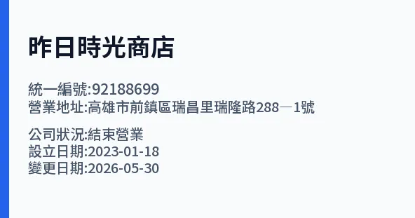 昨日時光商店的照片-統編 92188699(高雄市) 公司登記資料與營業項目詳細圖表