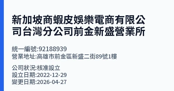 新加坡商蝦皮娛樂電商有限公司台灣分公司前金新盛營業所的照片-統編 92188939(高雄市) 公司登記資料與營業項目詳細圖表