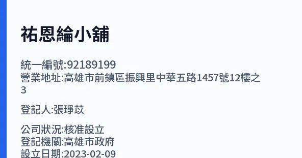 祐恩綸小舖的照片-統編 92189199(高雄市) 公司登記資料與營業項目詳細圖表
