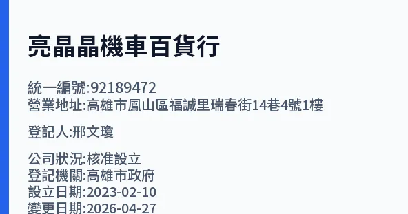 亮晶晶機車百貨行的照片-統編 92189472(高雄市) 公司登記資料與營業項目詳細圖表