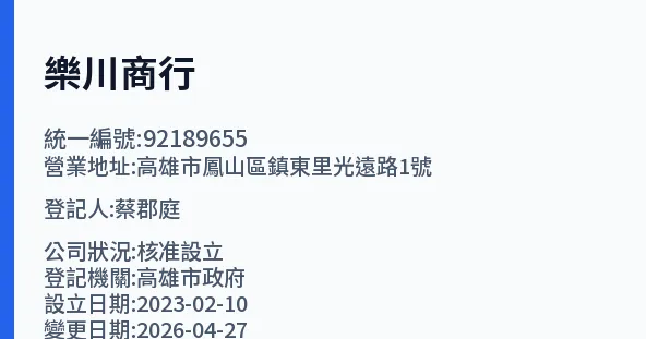 樂川商行的照片-統編 92189655(高雄市) 公司登記資料與營業項目詳細圖表