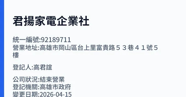 君揚家電企業社的照片-統編 92189711(高雄市) 公司登記資料與營業項目詳細圖表