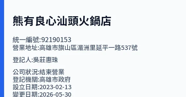 熊有良心汕頭火鍋店的照片-統編 92190153(高雄市) 公司登記資料與營業項目詳細圖表