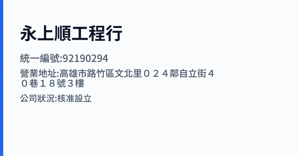 永上順工程行 - 統編 92190294(高雄市) 公司登記資料與營業項目詳細圖表