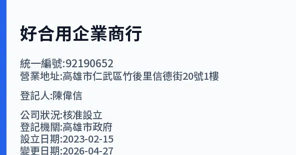 好合用企業商行的照片-統編 92190652(高雄市) 公司登記資料與營業項目詳細圖表