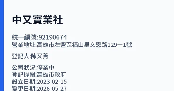 中又實業社的照片-統編 92190674(高雄市) 公司登記資料與營業項目詳細圖表