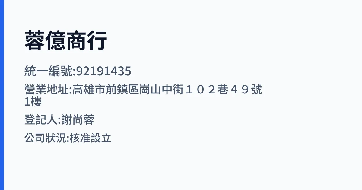 蓉億商行 - 統編 92191435(高雄市) 公司登記資料與營業項目詳細圖表