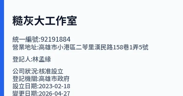 糙灰大工作室的照片-統編 92191884(高雄市) 公司登記資料與營業項目詳細圖表