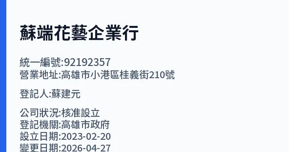 蘇端花藝企業行的照片-統編 92192357(高雄市) 公司登記資料與營業項目詳細圖表