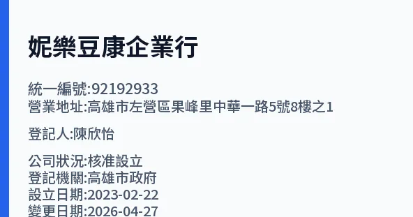 妮樂豆康企業行的照片-統編 92192933(高雄市) 公司登記資料與營業項目詳細圖表