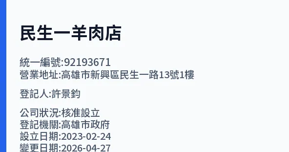 民生一羊肉店的照片-統編 92193671(高雄市) 公司登記資料與營業項目詳細圖表