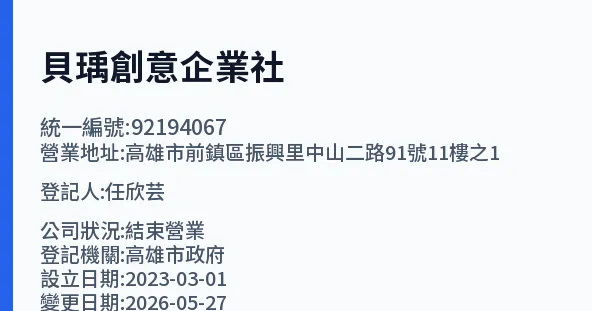 貝瑀創意企業社的照片-統編 92194067(高雄市) 公司登記資料與營業項目詳細圖表