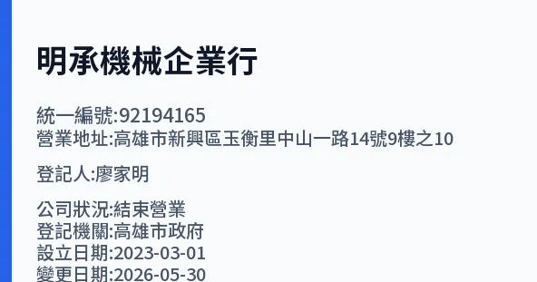 明承機械企業行的照片-統編 92194165(高雄市) 公司登記資料與營業項目詳細圖表