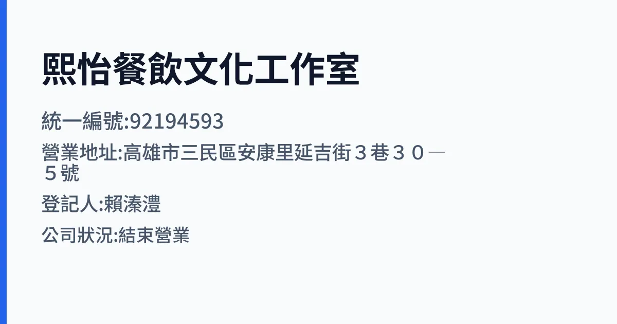 熙怡餐飲文化工作室 - 統編 92194593(高雄市) 公司登記資料與營業項目詳細圖表