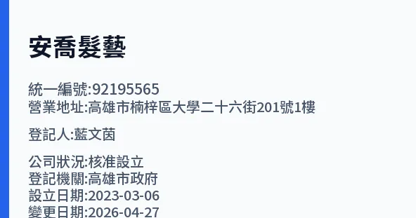 安喬髮藝的照片-統編 92195565(高雄市) 公司登記資料與營業項目詳細圖表