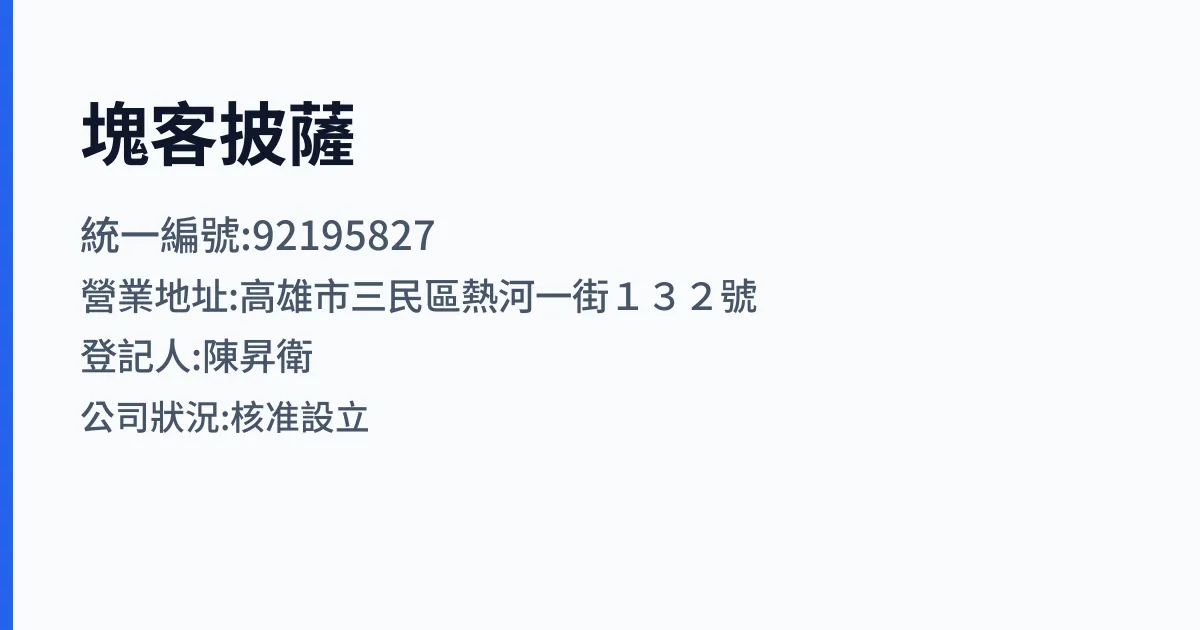 塊客披薩 - 統編 92195827(高雄市) 公司登記資料與營業項目詳細圖表