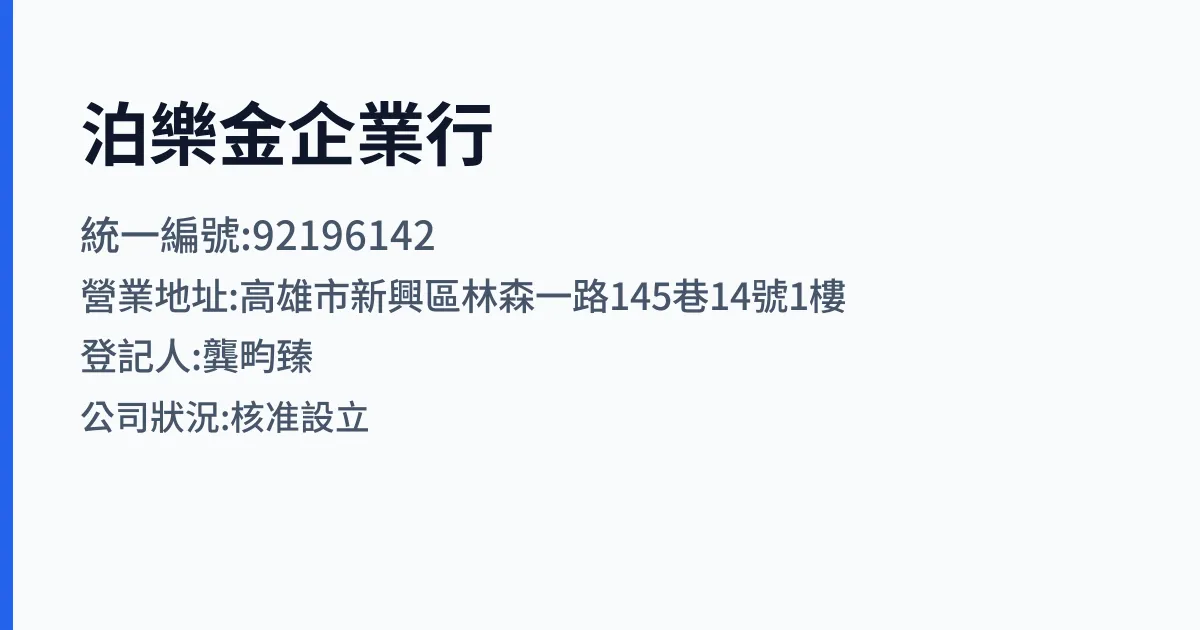 泊樂金企業行 - 統編 92196142(高雄市) 公司登記資料與營業項目詳細圖表