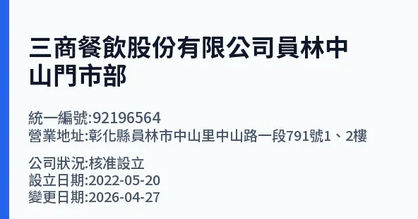 三商餐飲股份有限公司員林中山門市部的照片-統編 92196564(彰化縣) 公司登記資料與營業項目詳細圖表