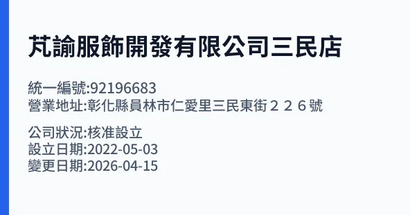 芃諭服飾開發有限公司三民店的照片-統編 92196683(彰化縣) 公司登記資料與營業項目詳細圖表