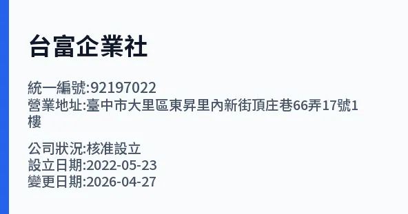 台富企業社的照片-統編 92197022(臺中市) 公司登記資料與營業項目詳細圖表