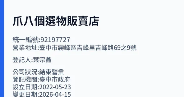 爪八個選物販賣店的照片-統編 92197727(臺中市) 公司登記資料與營業項目詳細圖表