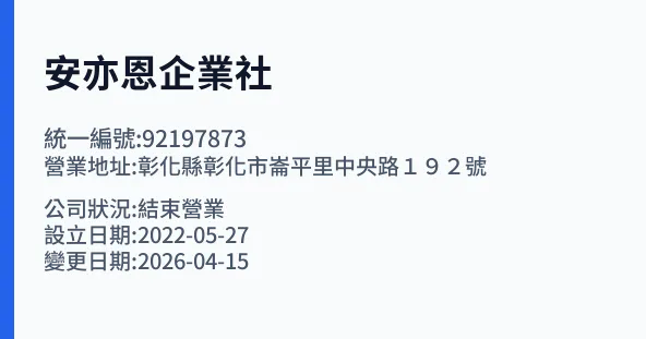 安亦恩企業社的照片-統編 92197873(彰化縣) 公司登記資料與營業項目詳細圖表