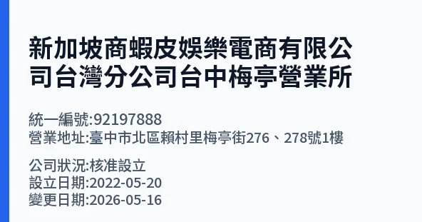 新加坡商蝦皮娛樂電商有限公司台灣分公司台中梅亭營業所的照片-統編 92197888(臺中市) 公司登記資料與營業項目詳細圖表