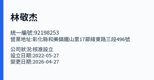 林敬杰的照片-統編 92198253(彰化縣) 公司登記資料與營業項目詳細圖表