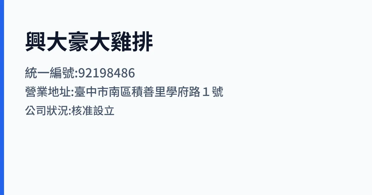 興大豪大雞排 - 統編 92198486（臺中市） 公司登記資料與營業項目詳細圖表