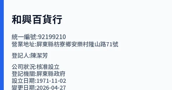 和興百貨行的照片-統編 92199210(屏東縣) 公司登記資料與營業項目詳細圖表