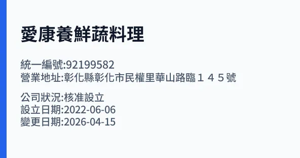 愛康養鮮蔬料理的照片-統編 92199582(彰化縣) 公司登記資料與營業項目詳細圖表