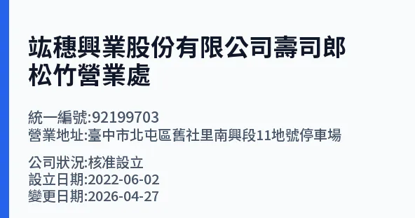 竑穗興業股份有限公司壽司郎松竹營業處的照片-統編 92199703(臺中市) 公司登記資料與營業項目詳細圖表